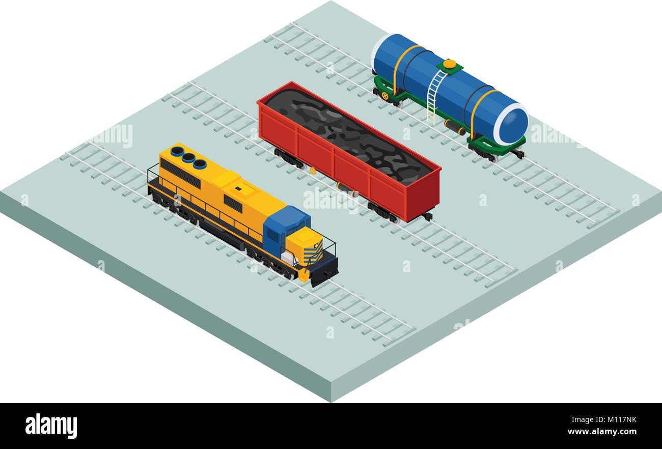Vector isometric railroad cargo trains and cars icon set Stock Vector ...