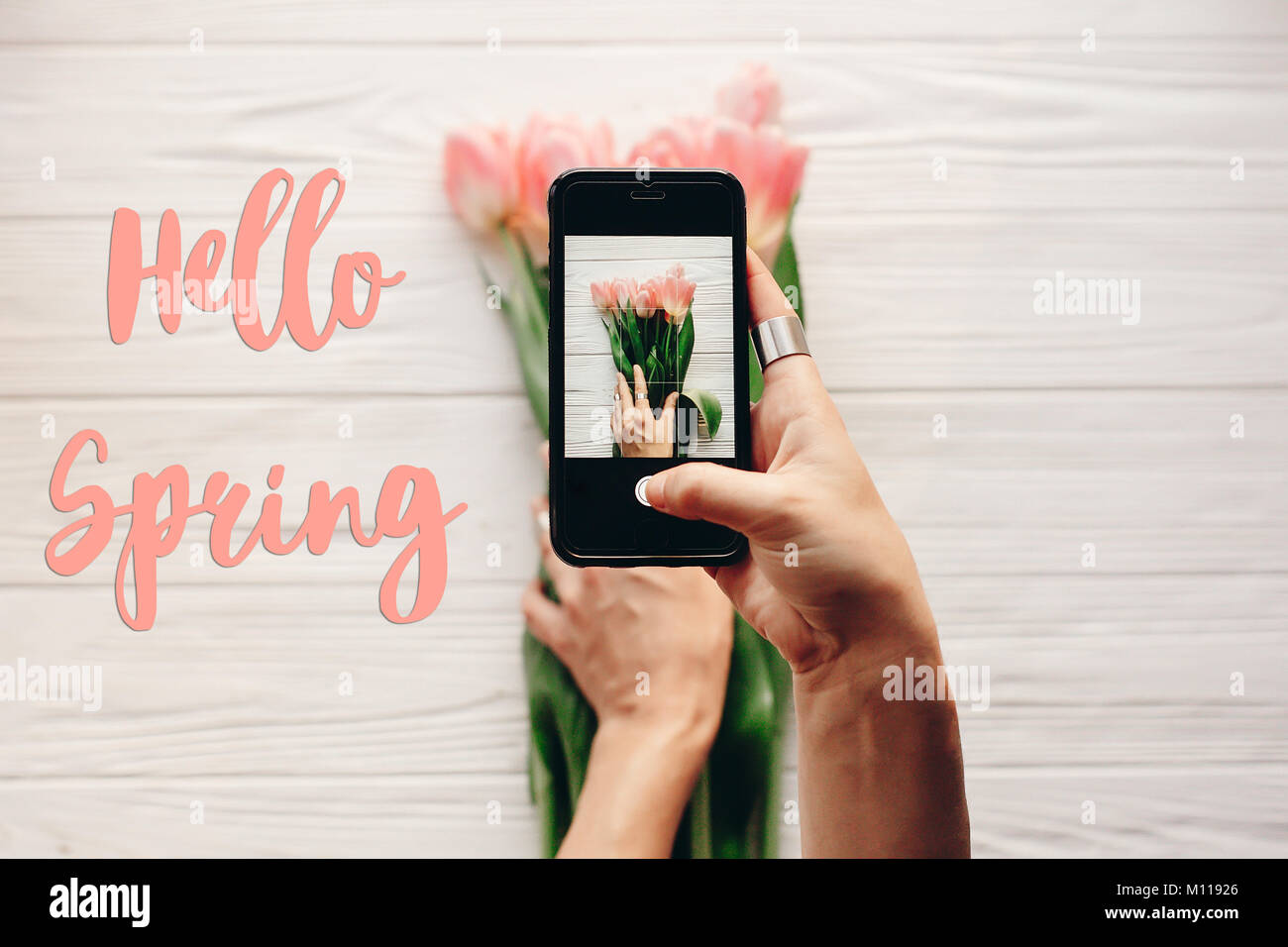 hello spring text sign, hand holding phone taking photo of stylish ...