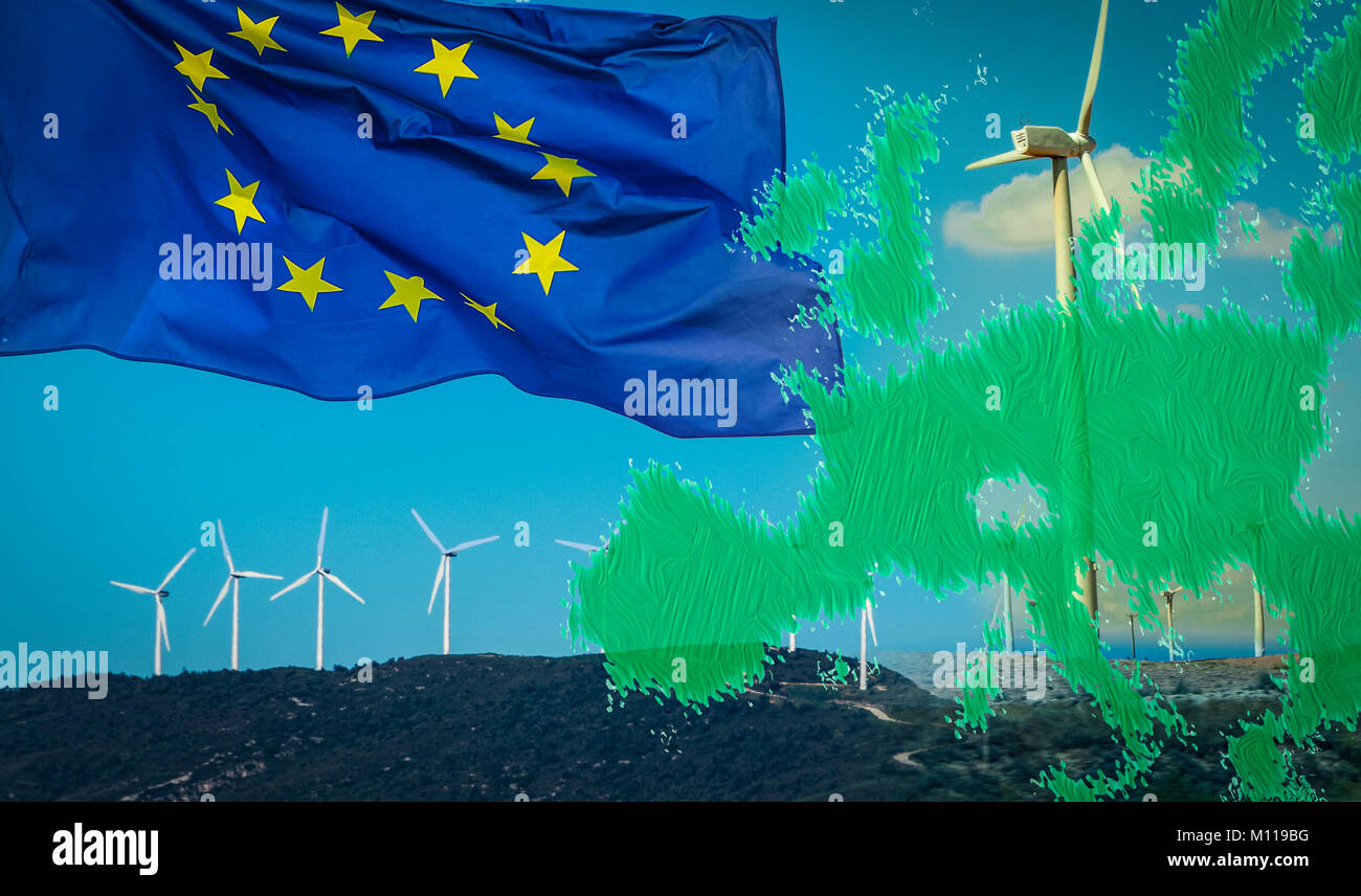 Wind turbines with EU flag and EU green map. Alternative energy sources ...