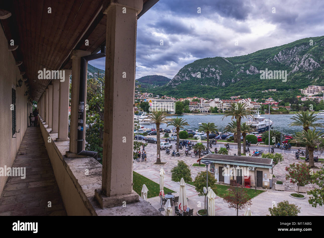 Aerial view of market square between marina and Old Town of Kotor ...