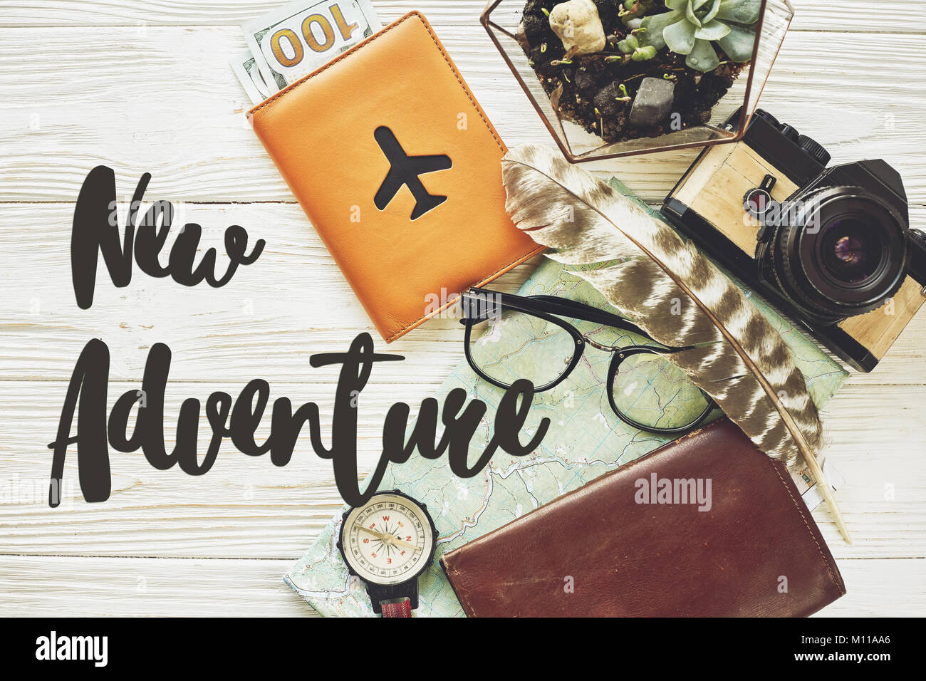 new adventure text sign concept. say yes to new adventures, flat lay ...