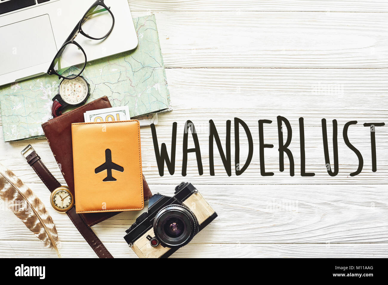 wanderlust and travel concept text, planning summer vacation background ...