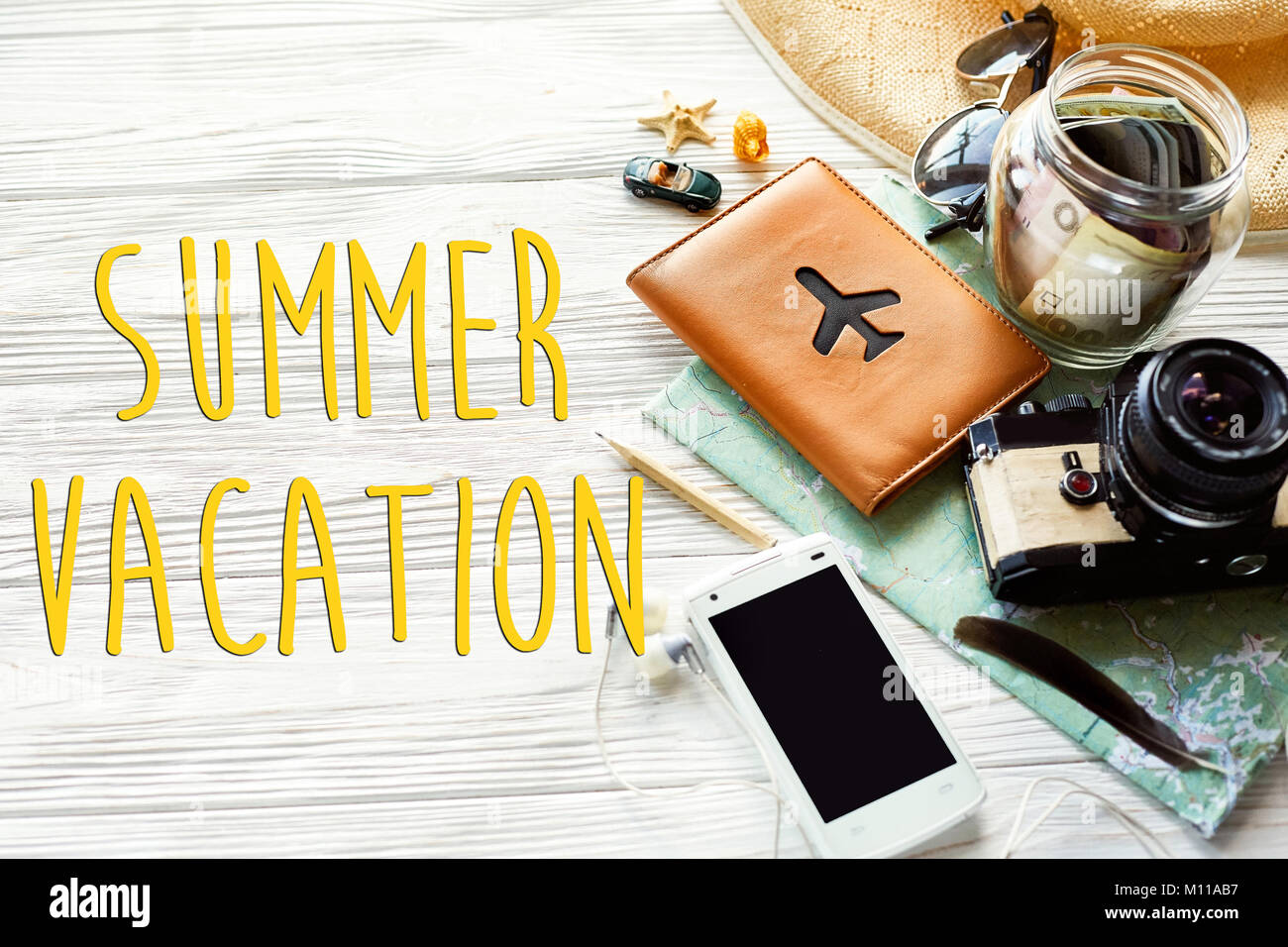 summer vacation text, travel wanderlust concept, space for text. map ...