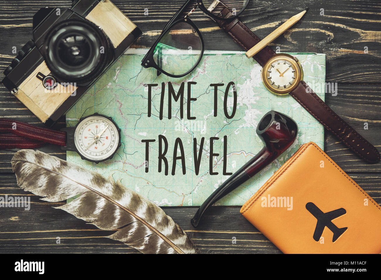 travel. time to travel concept text sign, hipster flat lay. map ...