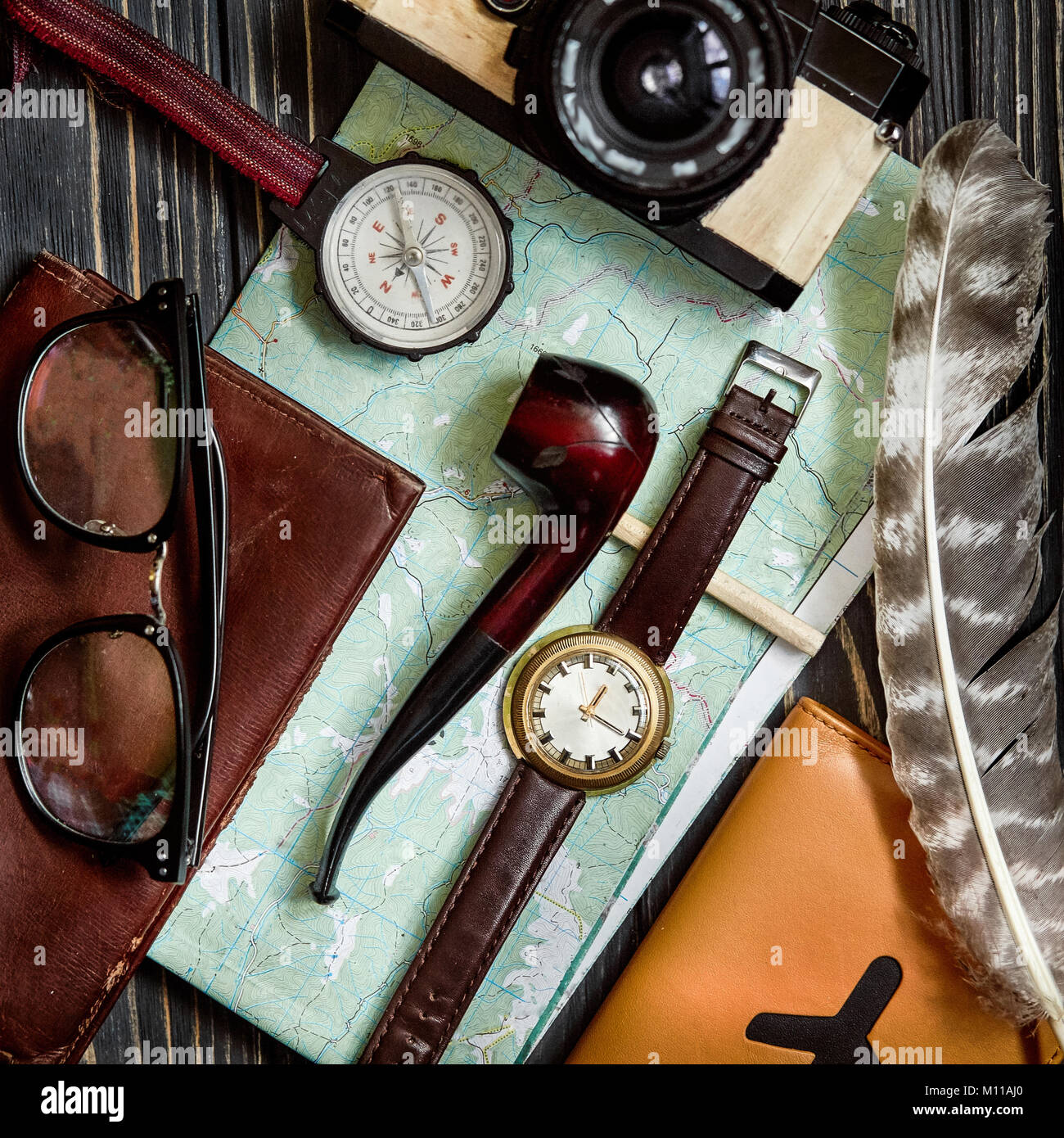 time to travel concept, hipster flat lay. map passport compass and ...