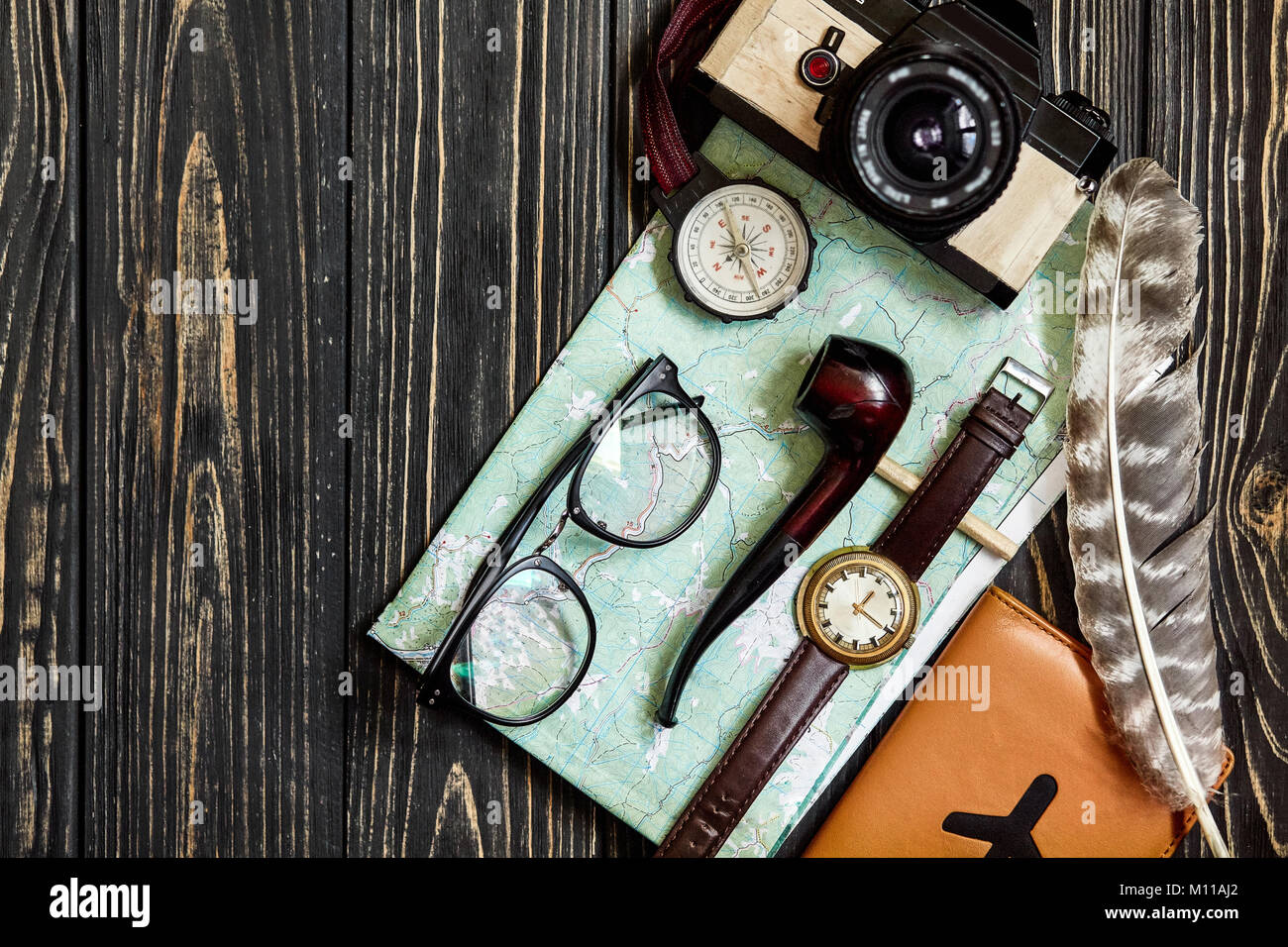 wanderlust and travel concept, hipster flat lay. map passport compass ...