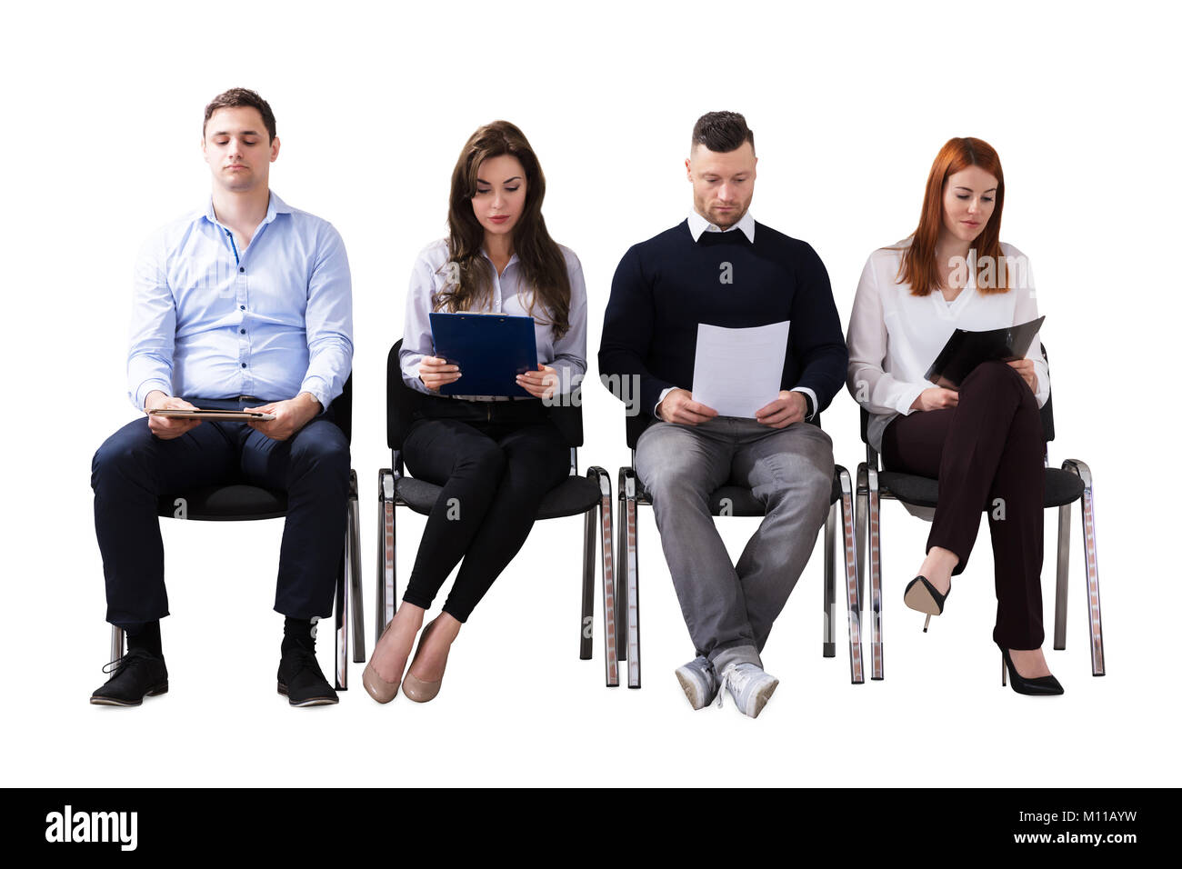 Young Business People Waiting For Job Interview Against White ...