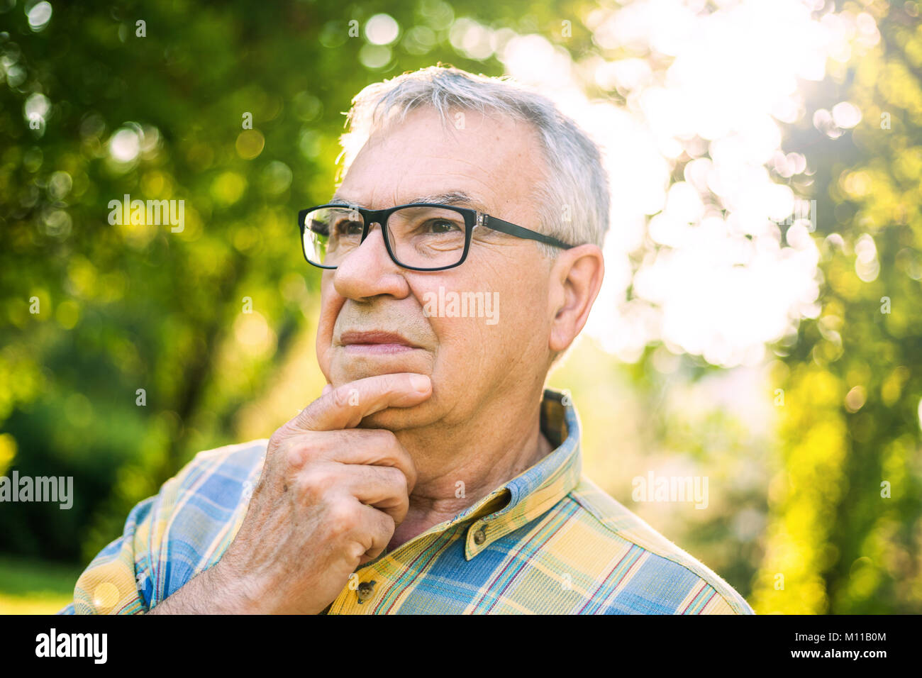 Portrait of worried senior man in park Stock Photo - Alamy