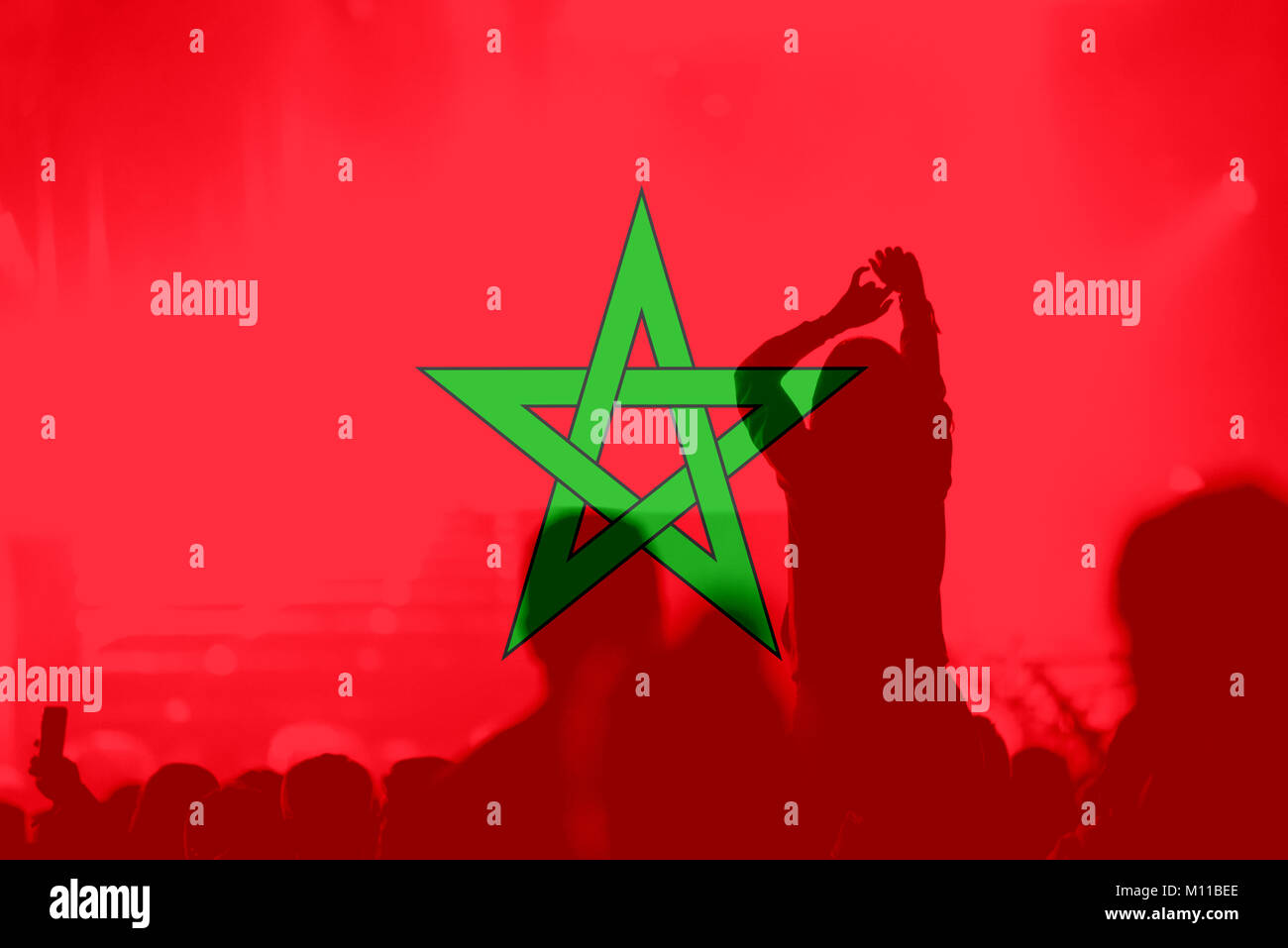 Crowd of football, soccer fans with raised arms with blending Morocco ...