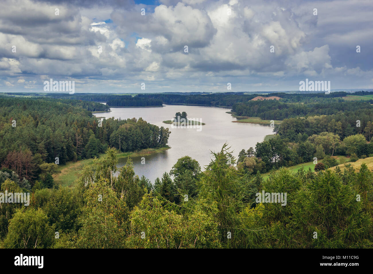 Aerial view of Jedzelewo Lake from lookout tower in Stare Juchy village ...