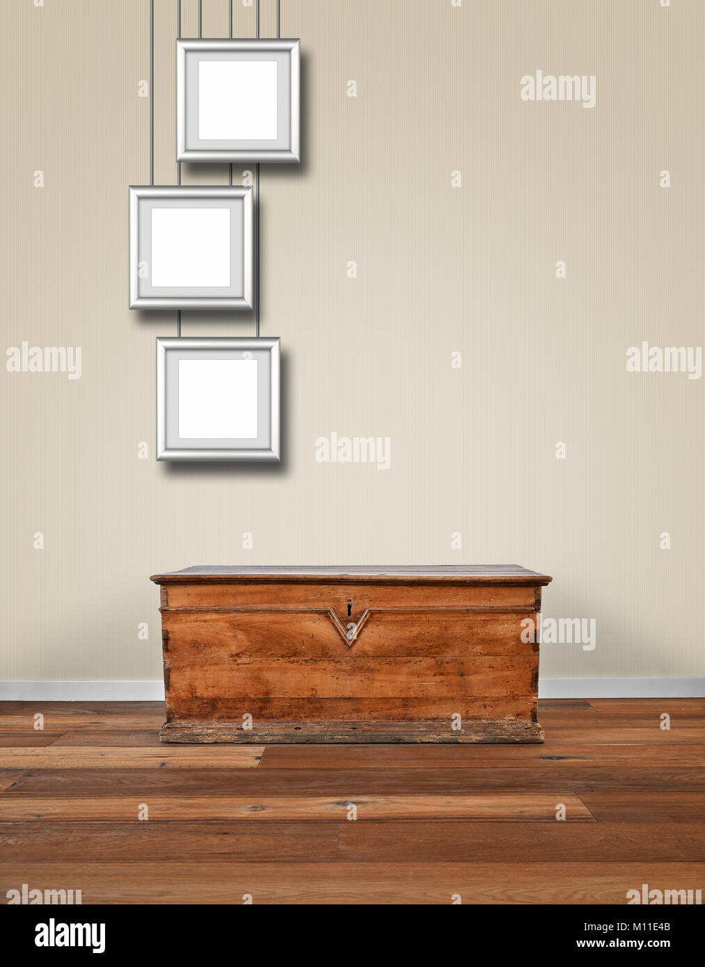Modern interior with old wooden chest and Aluminium frames at wall ...