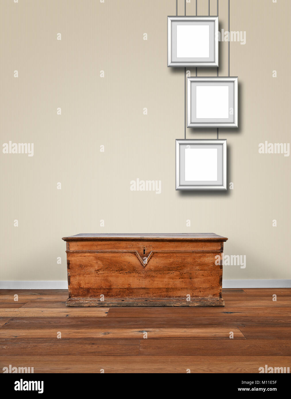 Modern interior with old wooden chest and Aluminium frames at wall ...