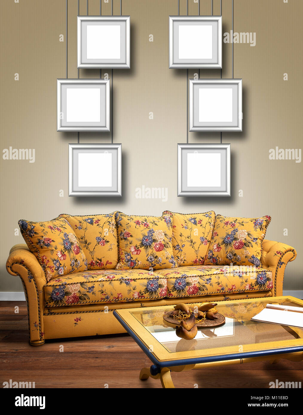 Modern interior with sofa and six hanging alu frame. Souvenir in frame ...
