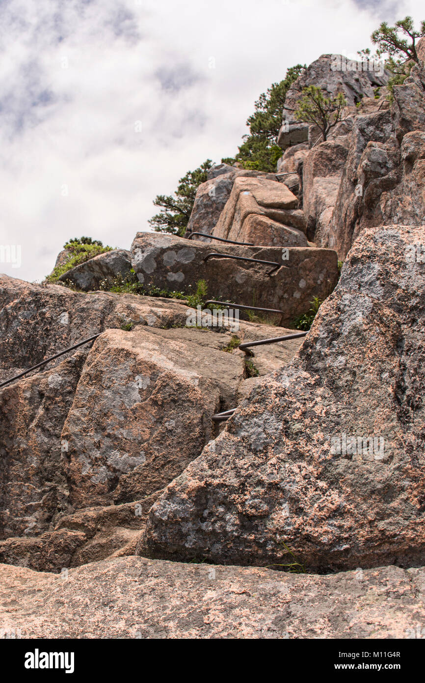 View of iron rungs for climbing on the Beehive Trail in Acadia National ...