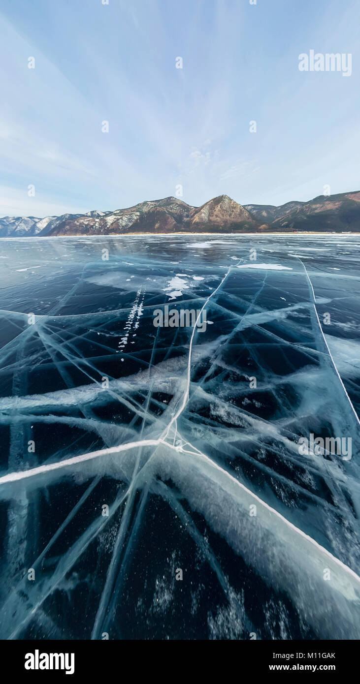 Panorama cracks on blue ice of Lake Baikal from Olkhon Stock Photo - Alamy