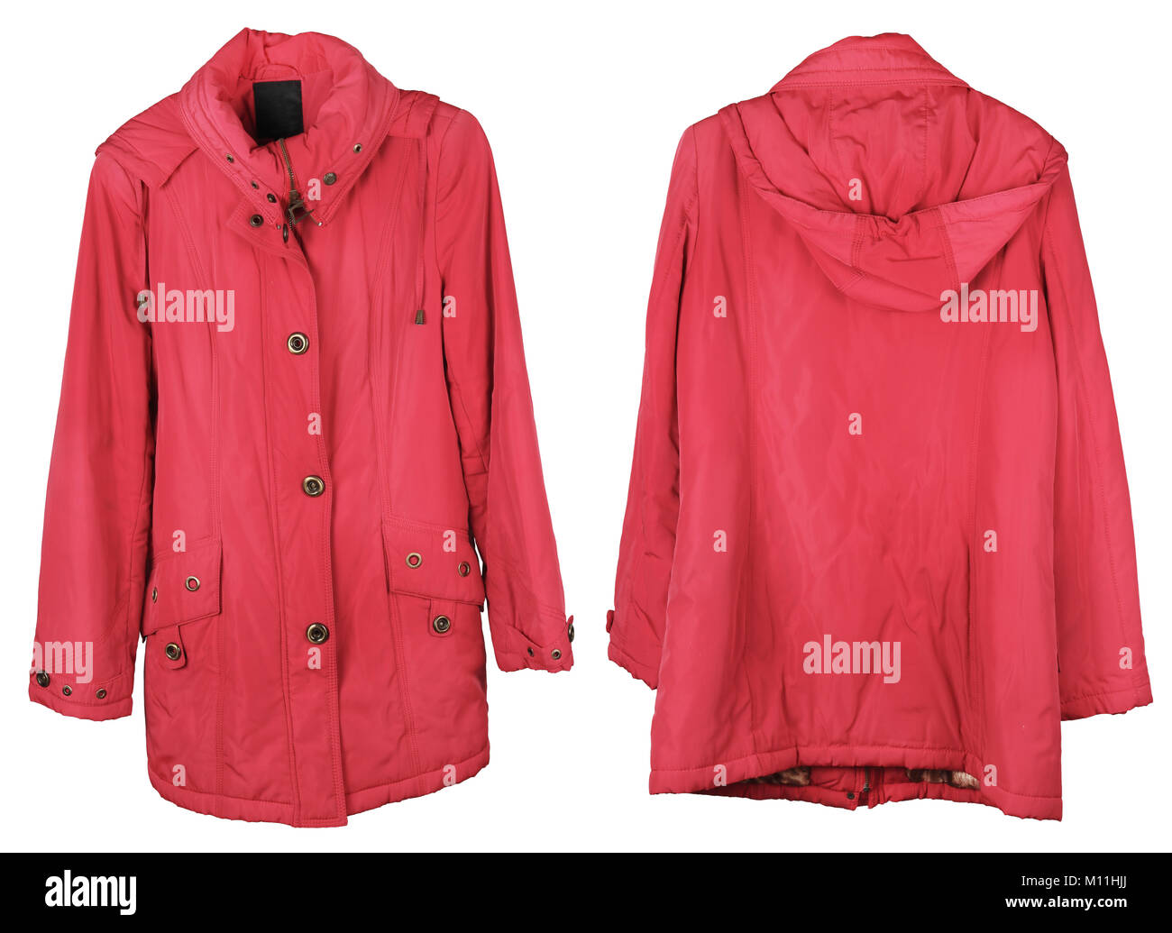 Red winter old warm mass production jacket of my grandmother. View from ...