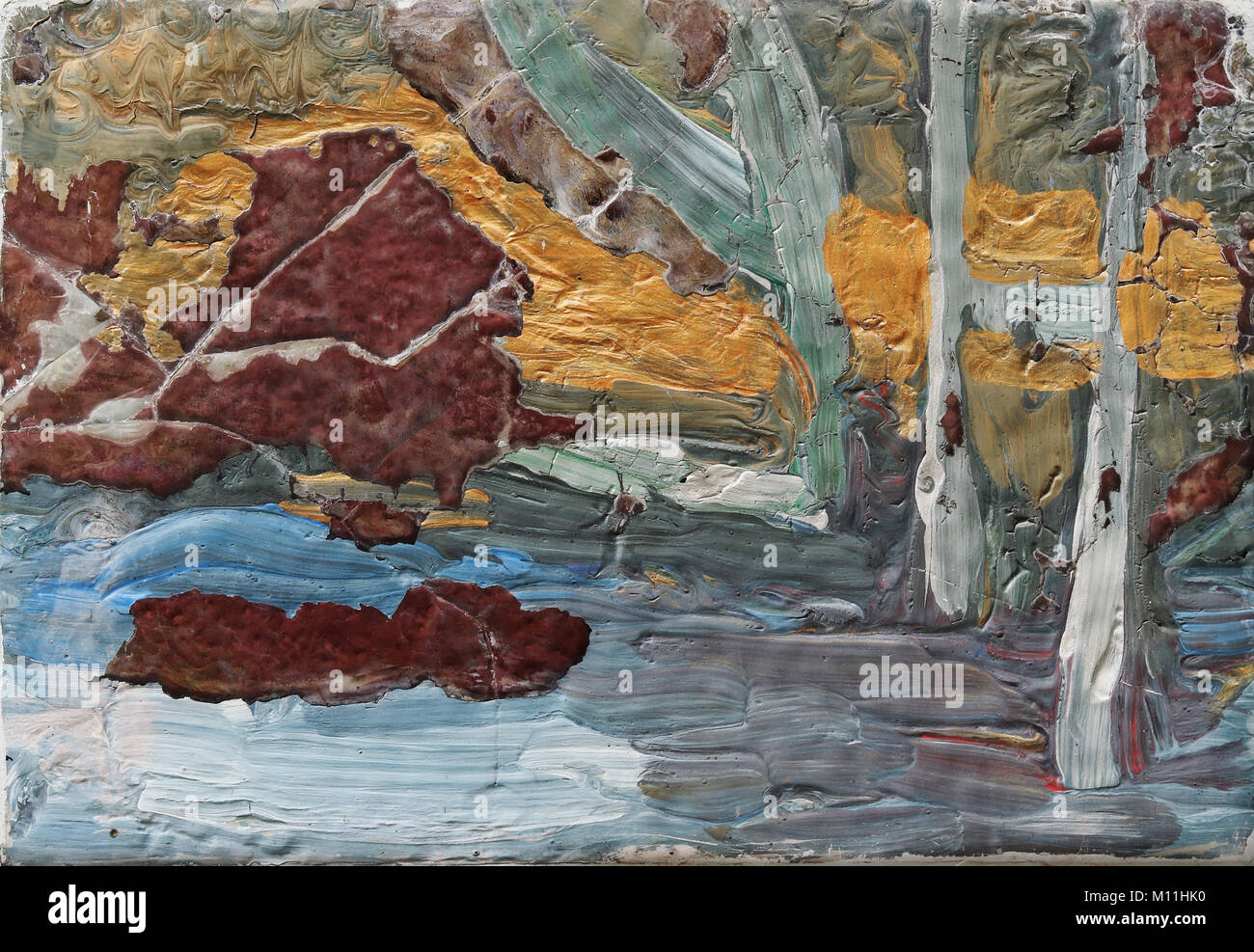 Chaotic dirty smudges and stains of oil paint on the wall background ...