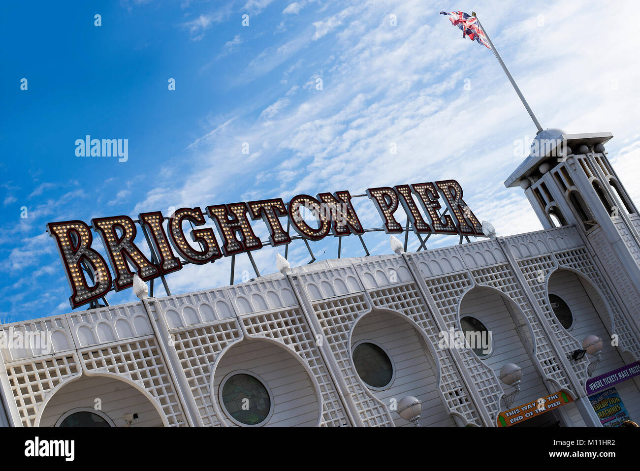 Brighton Pier sign on Palace pier Stock Photo - Alamy