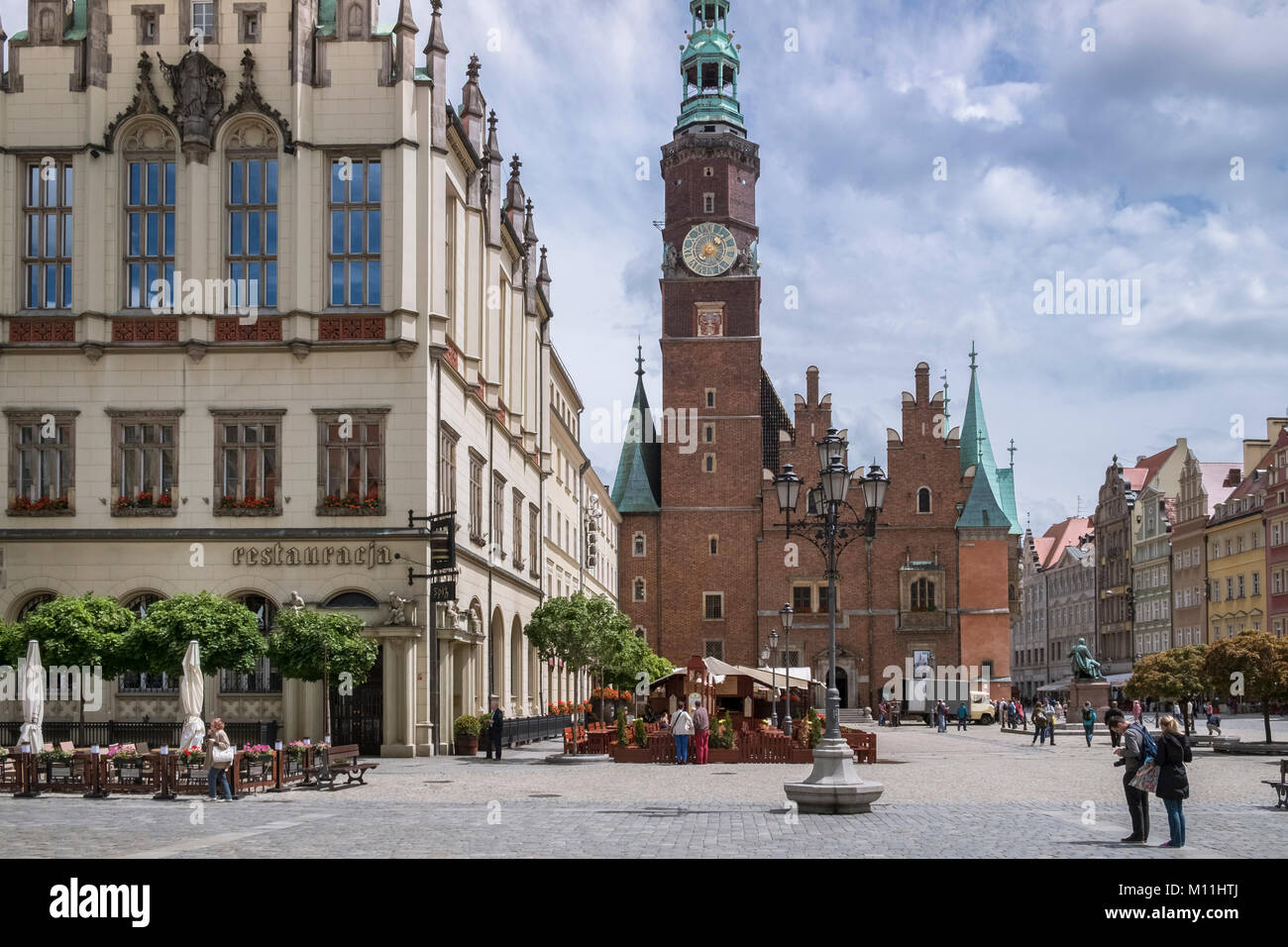 Traditional architecture in Wroclaw Old Town, showing west elevation of the Town Hall tower and ...