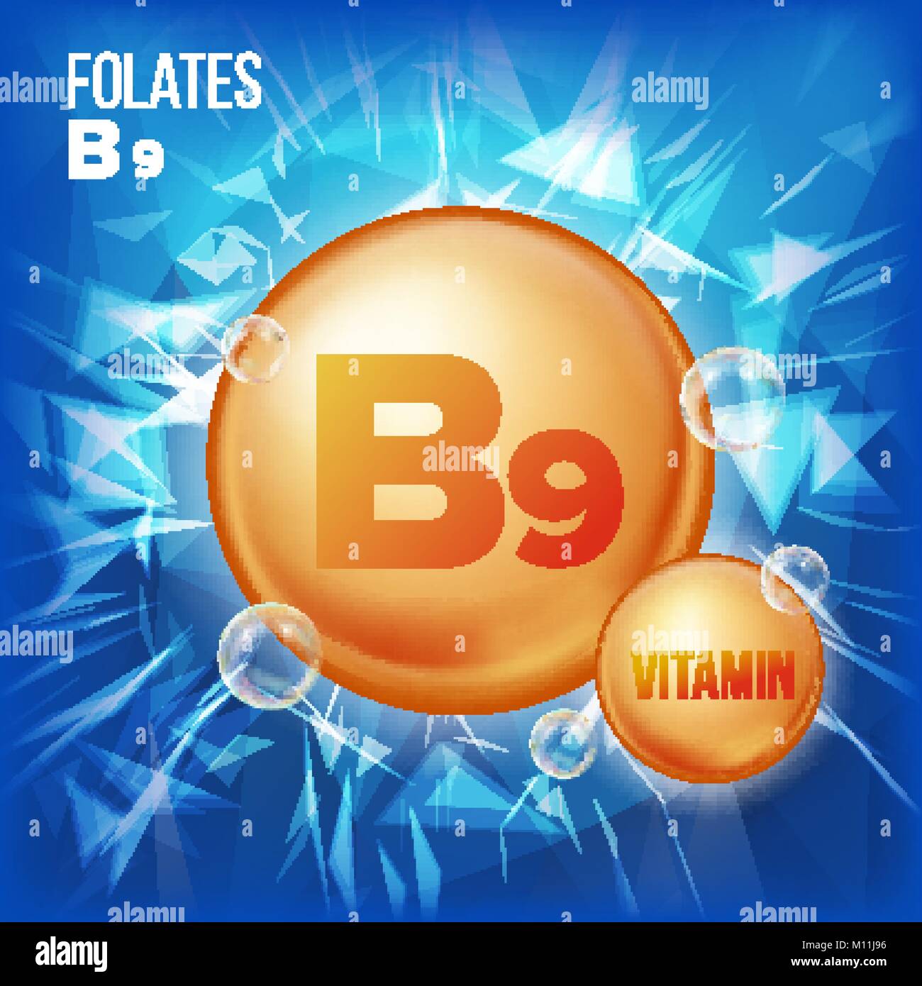 Vitamin B9 Folates Vector. Vitamin Gold Oil Pill Icon. Medicine Capsule ...
