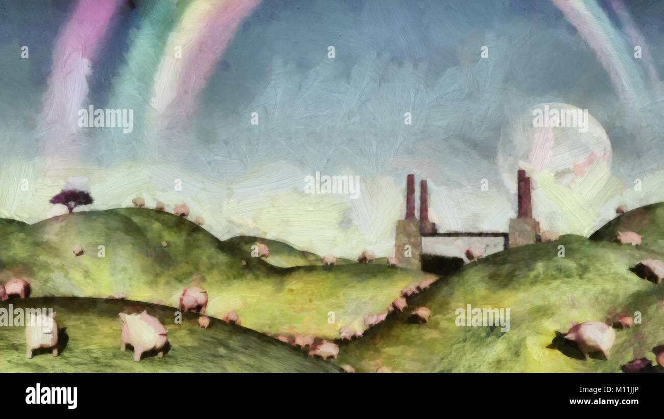 Surreal painting. Pigs in the field. Factory at the horizon. Rainbow in ...