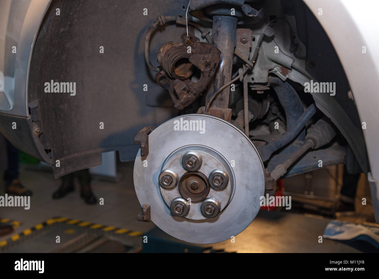 Disc brake in the car close-up on the side. Disc brake in the car Stock ...