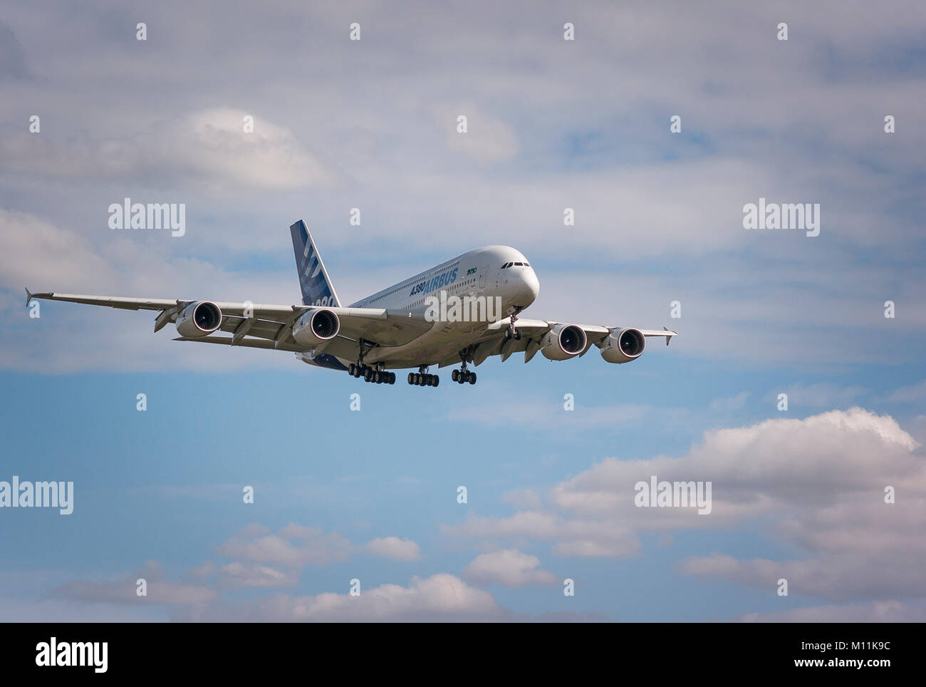 Airbus A380 on a demonstration flight in UK showing four jet engines ...