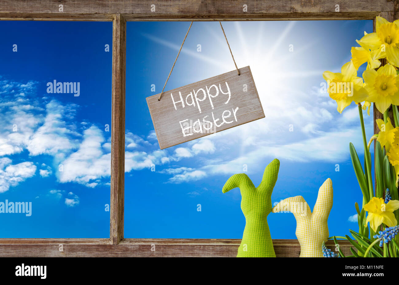 Sign With English Text Happy Easter. Window Frame With View To ...