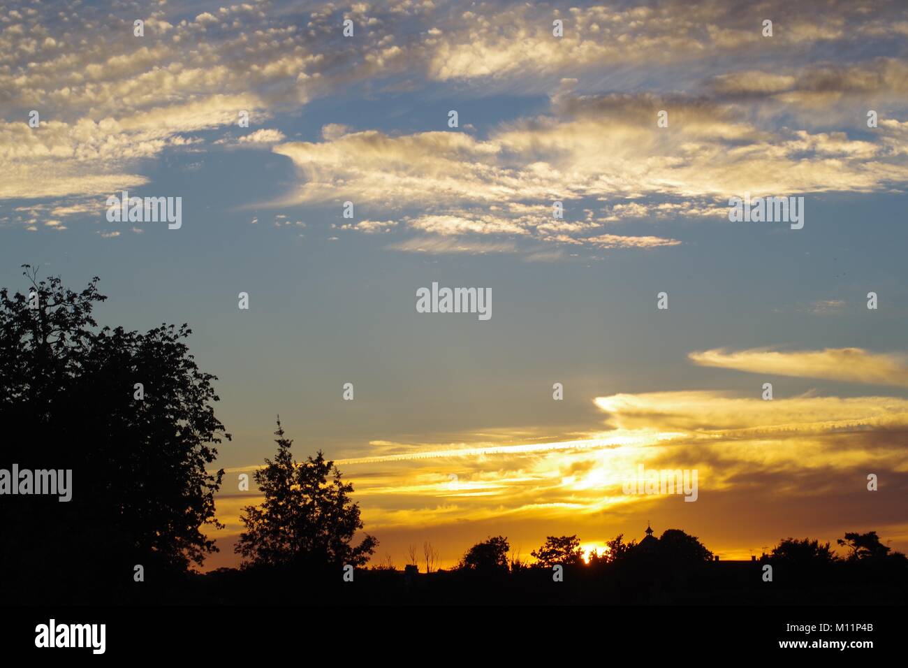 Spectacular Firery Sunset Behind Topsham, Silhoueted Treeline and Tower ...