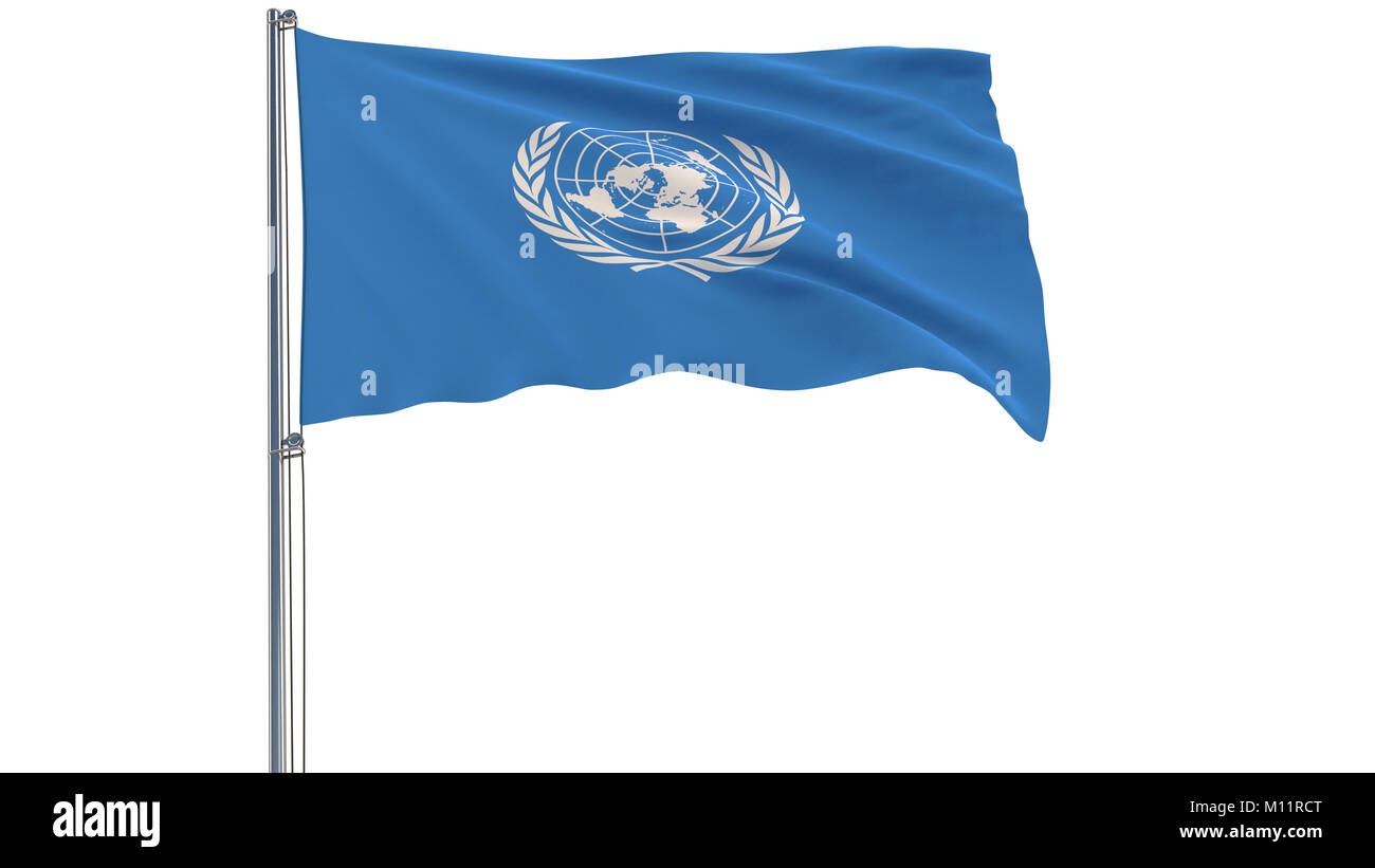 DECEMBER 19, 2017: 3D illustration of UN flag on a flagpole fluttering ...