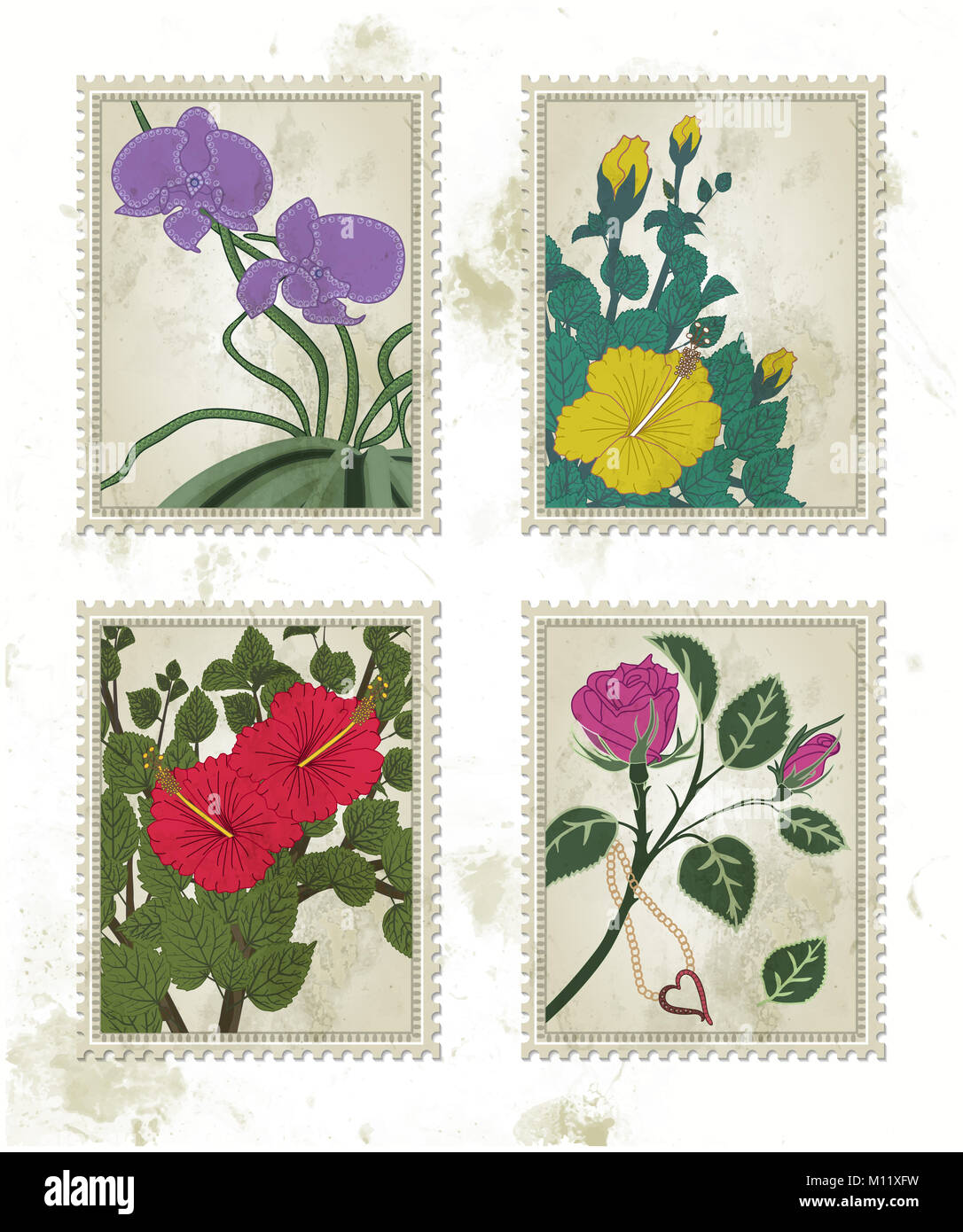 Set of vintage stamps with flowers Stock Photo - Alamy