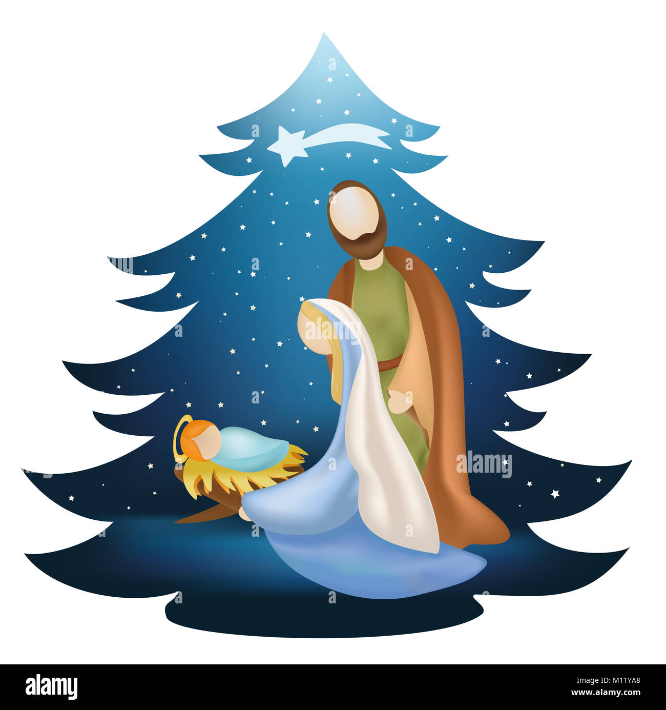 Christmas tree nativity scene with holy family on blue background Stock ...