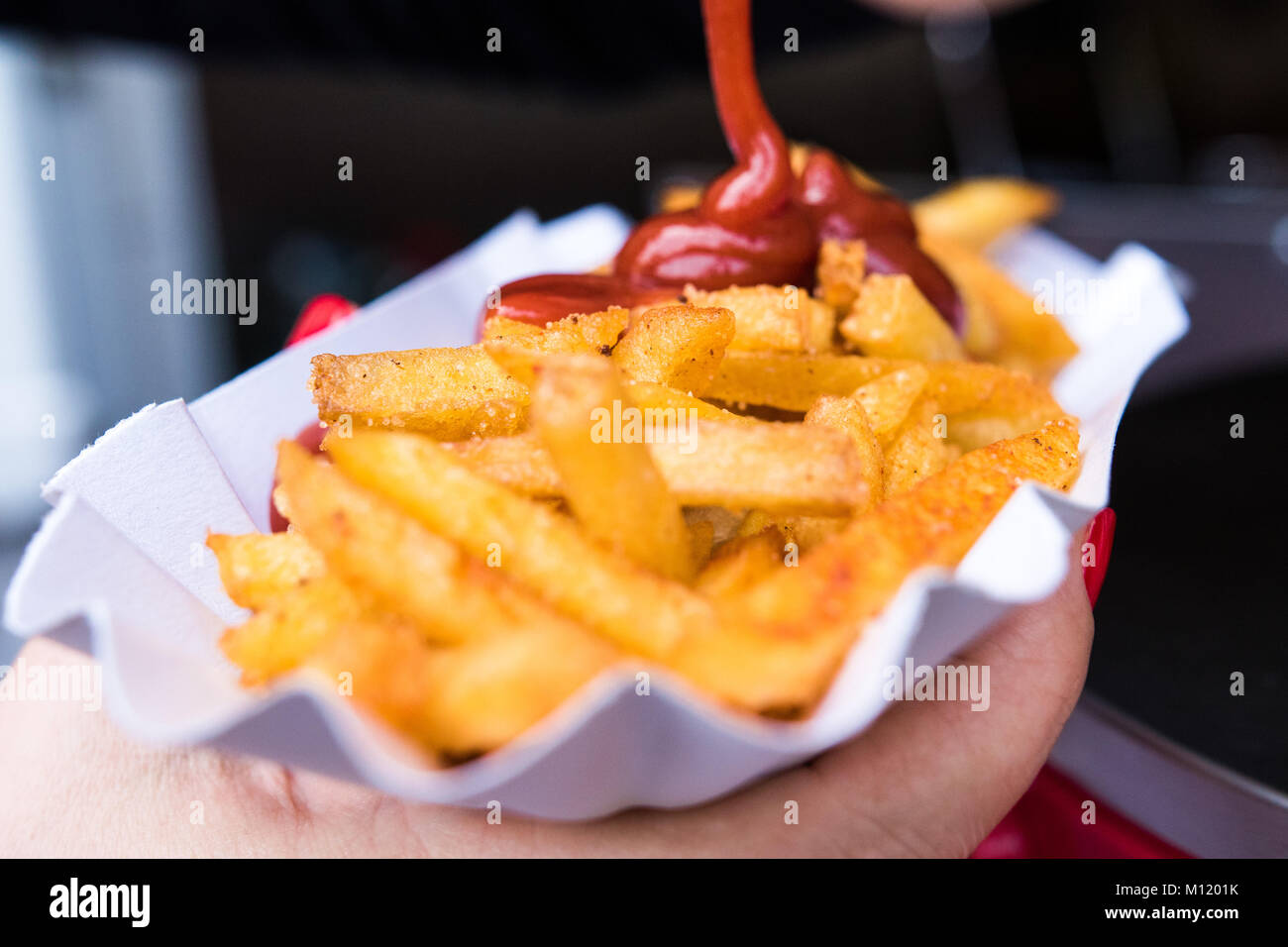 French Fries with ketchup - close up Stock Photo - Alamy