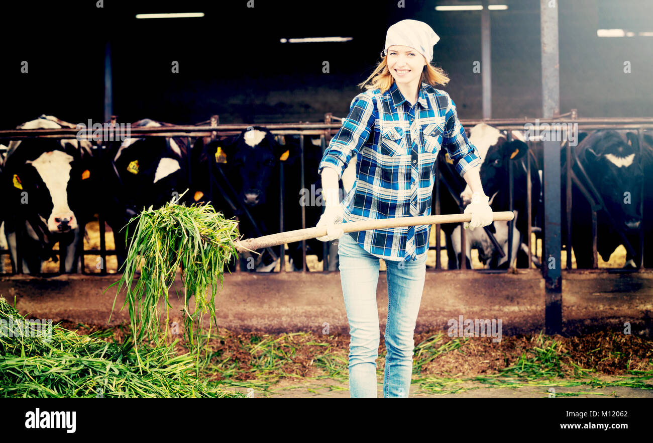 Young female worker collecting grass with pitchfork in barn Stock Photo ...