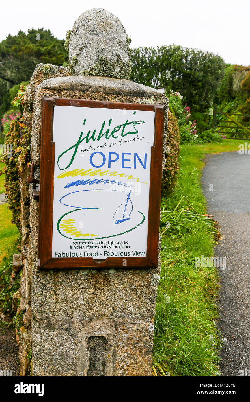 A sign outside Juliet's Garden café and restaurant Saint Mary's, Isles ...