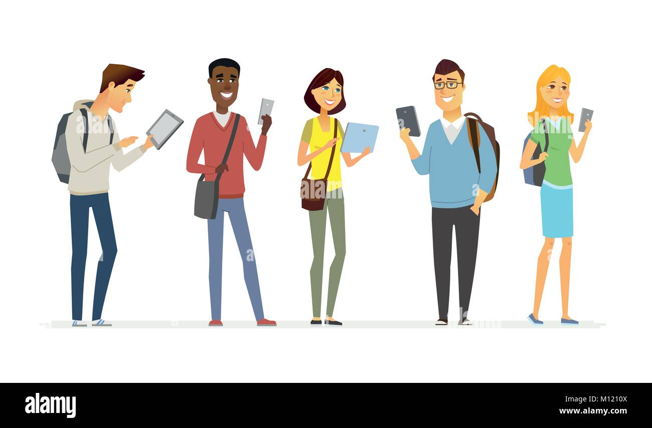 Happy students checking their phones - cartoon people characters ...
