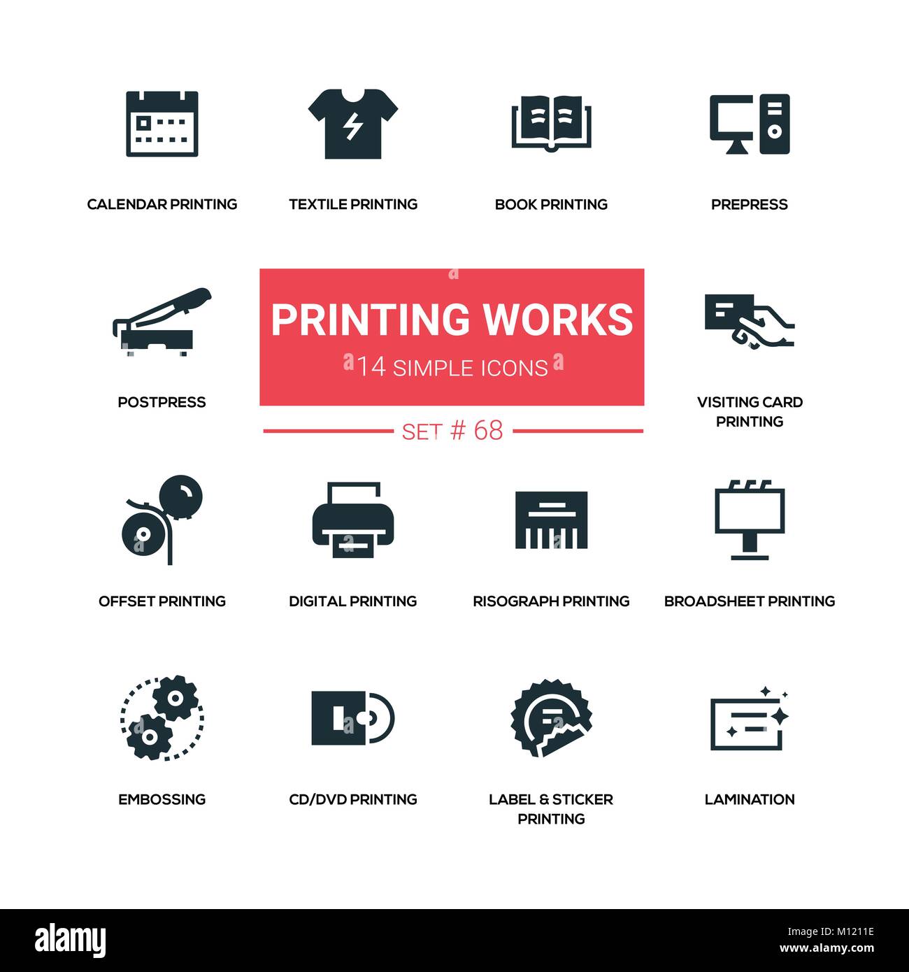 Printing works - line design silhouette icons set Stock Vector Image ...