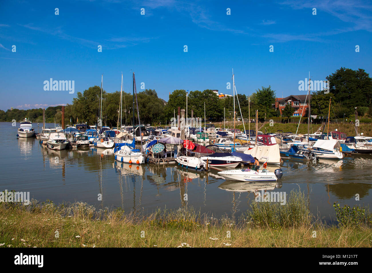 Germany, Cologne, the marina at the Rhine island Groov in the district ...