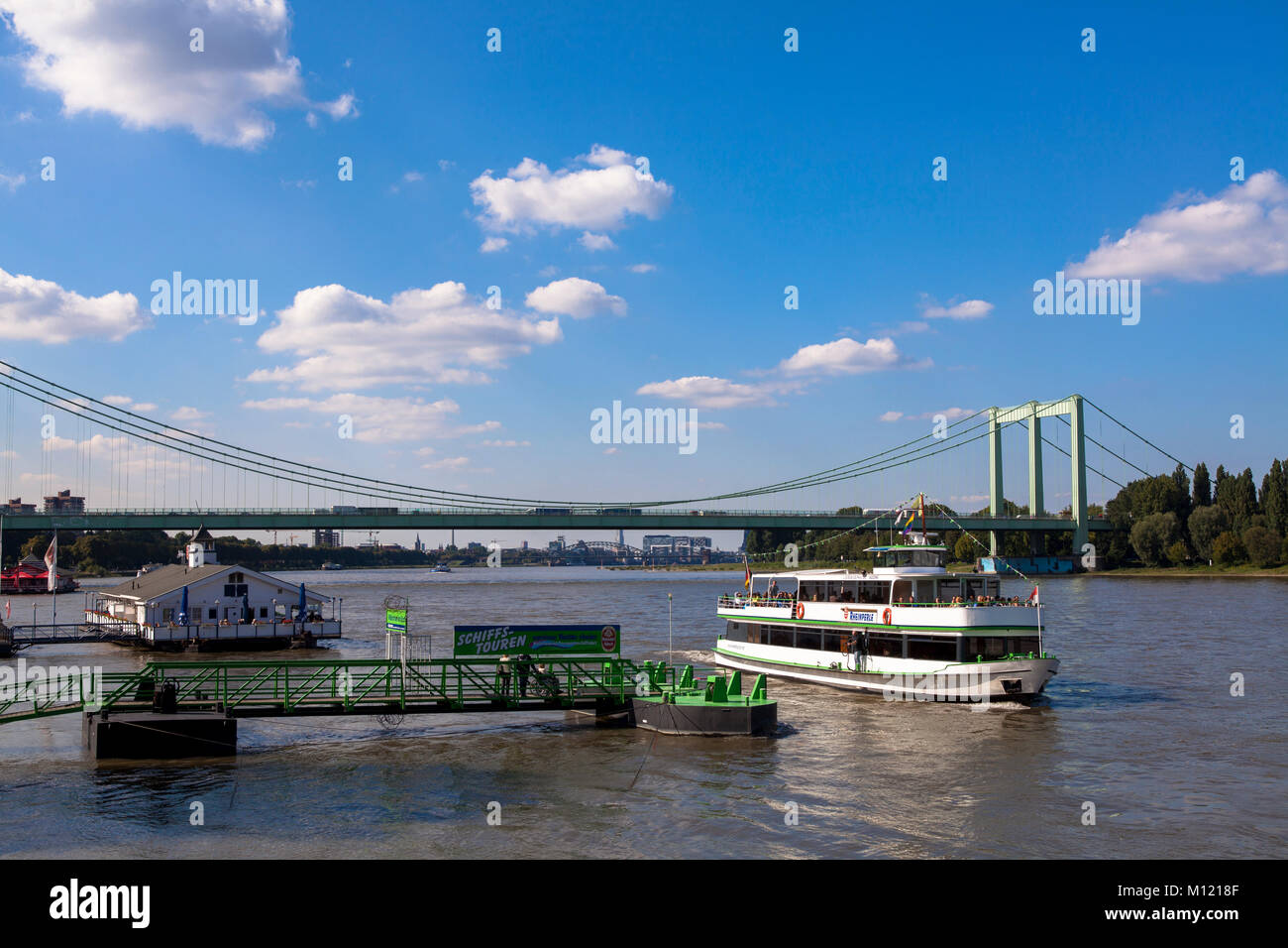 Germany, Cologne, excursion boat at the banks of the river Rhine in the ...