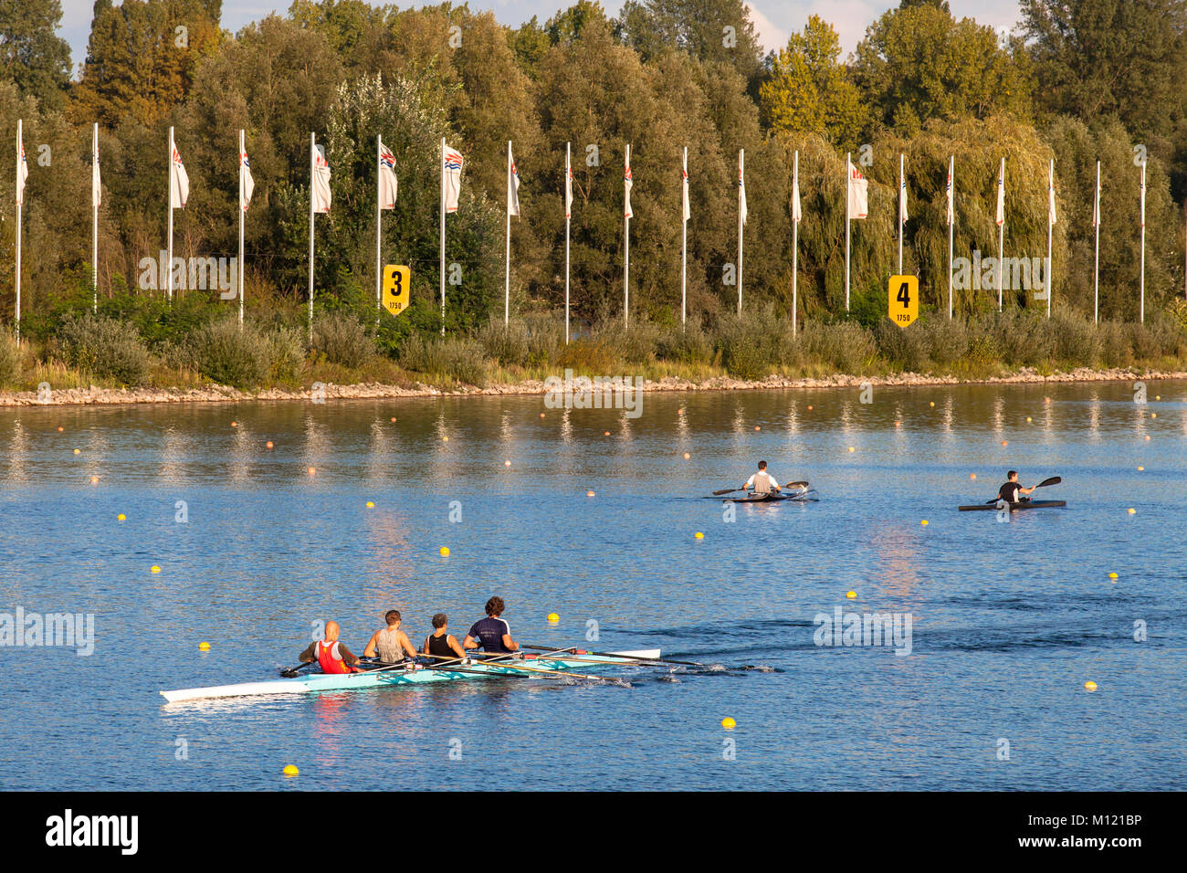 Germany, Cologne, boat race course at lake Fuehlingen, canoeists ...