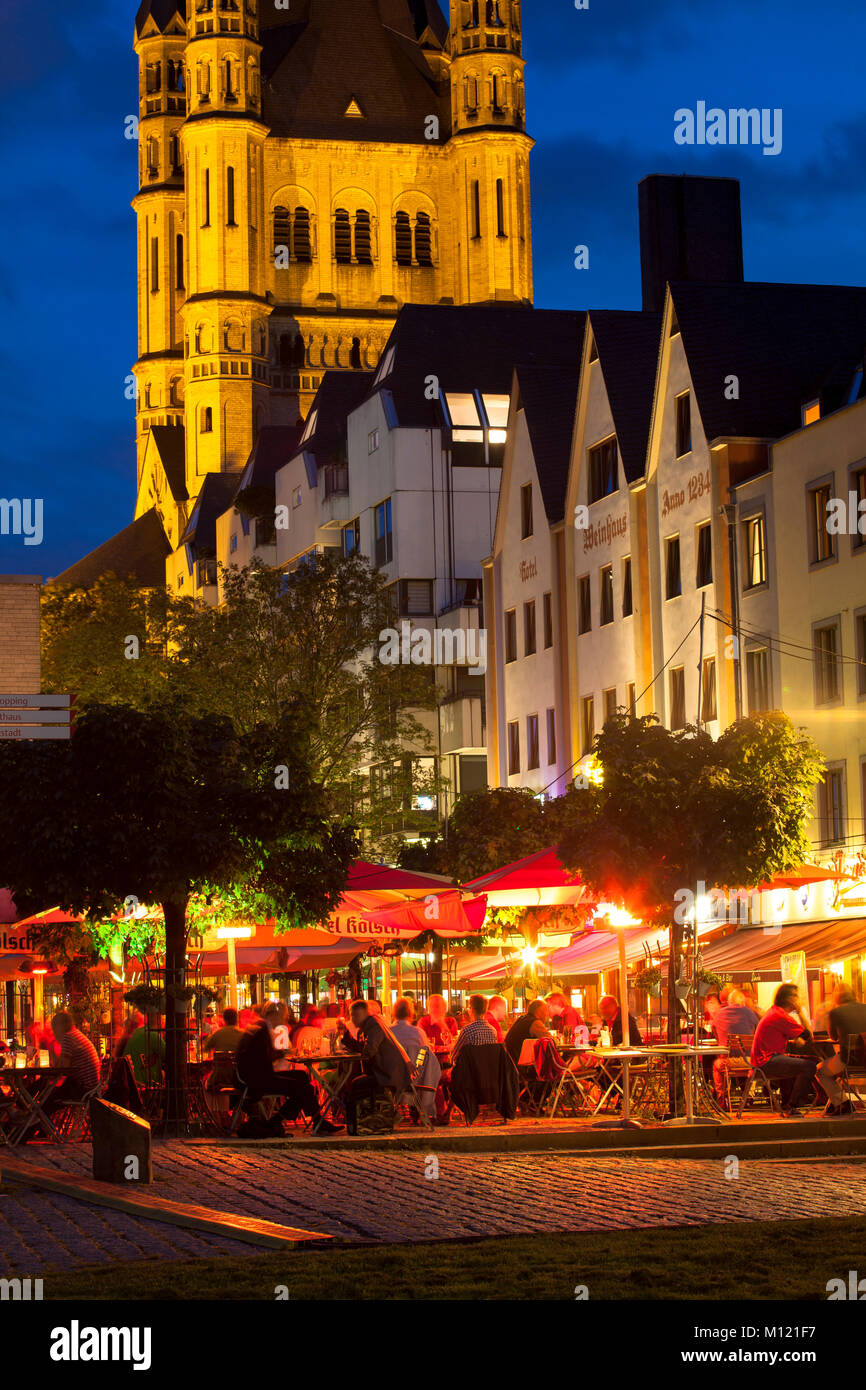 Germany, Cologne, restaurants at the banks of the river Rhine in the ...