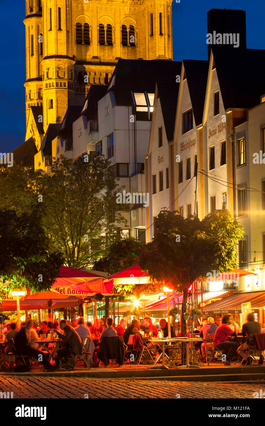 Germany, Cologne, restaurants at the banks of the river Rhine in the ...