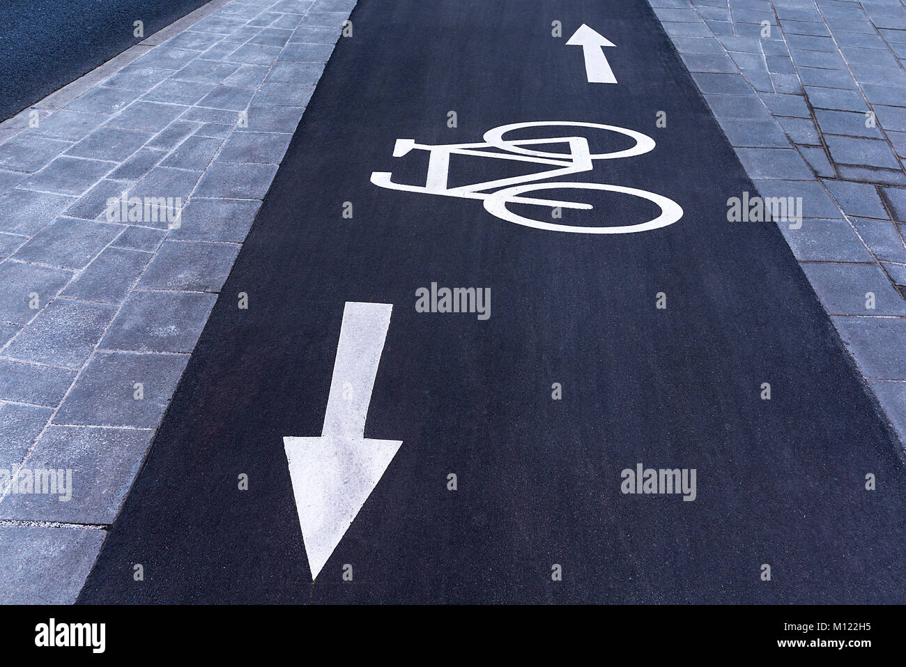 Bicycle path with white markings,bicycle and direction arrows,Bavaria ...