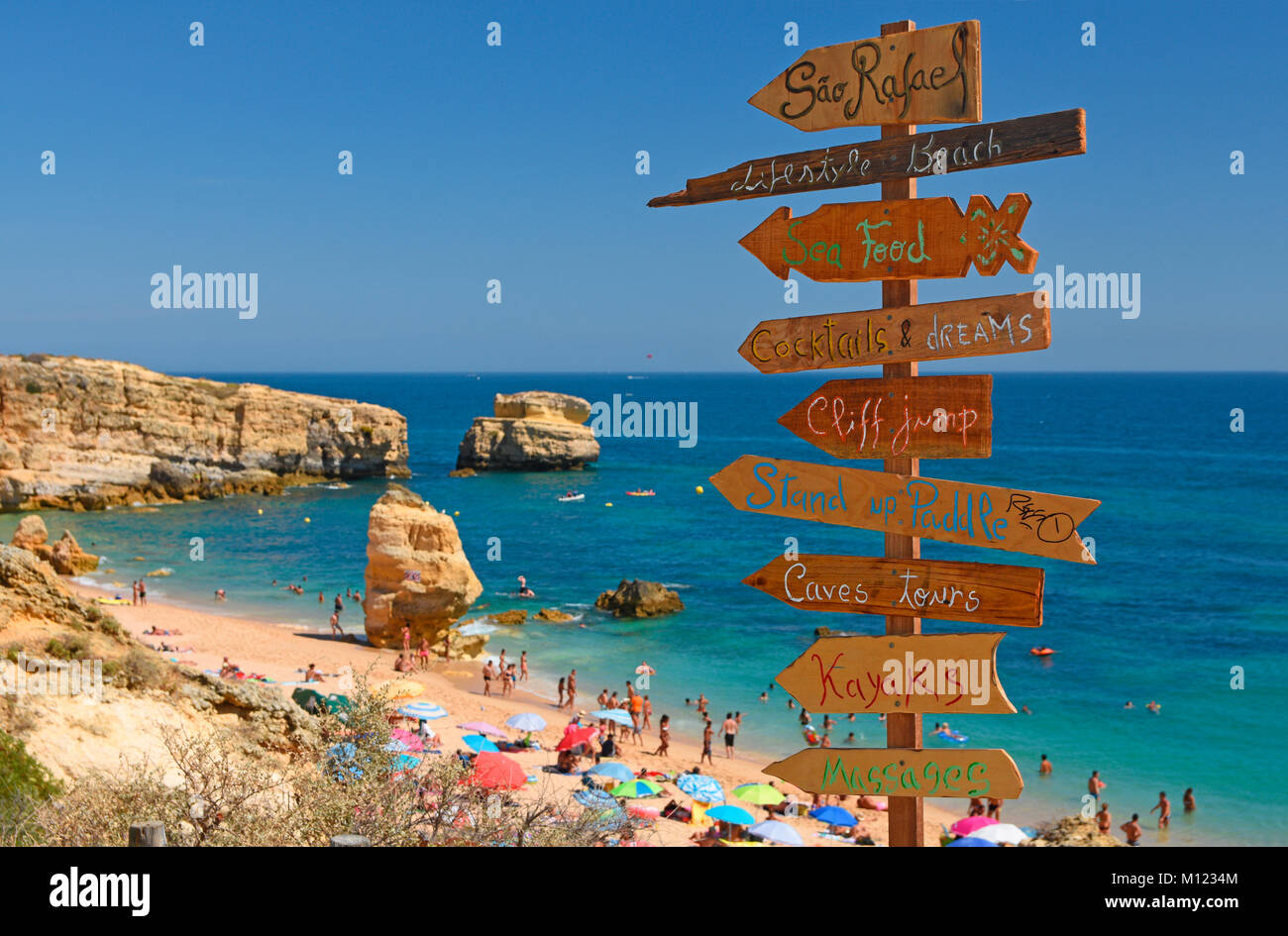 Direction signs at the beach Praia San Rafael,Sesmarias,Albufeira ...