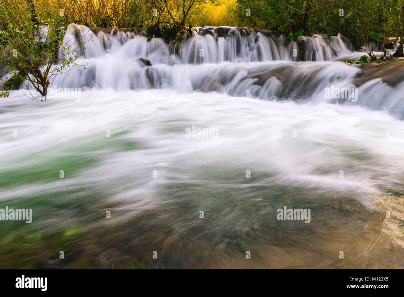 A white running stream in the forest of colorful autumn leaves trees in ...
