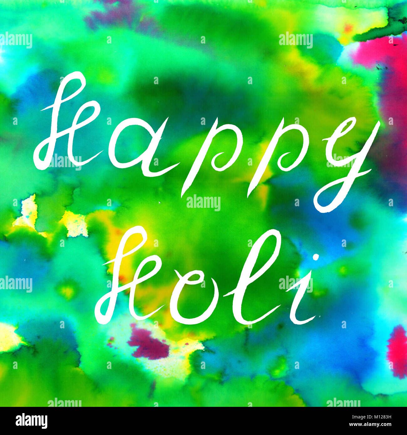 Happy Holi colorful green background. Bright colors. Sign manual ...