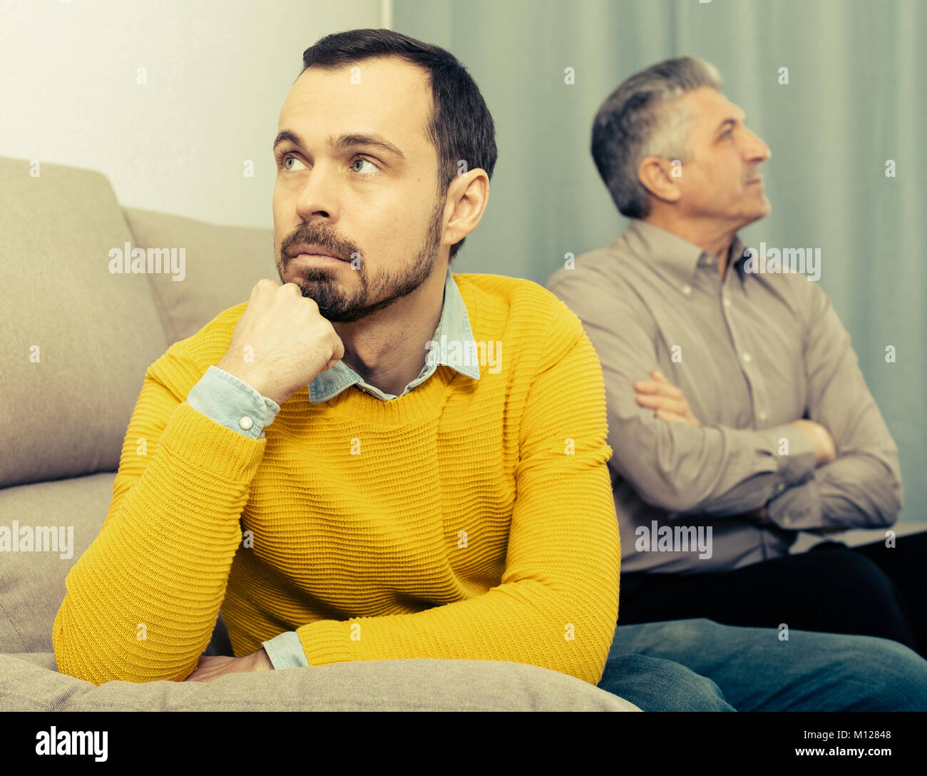 Mature father and son discuss family problems and solve relationship ...