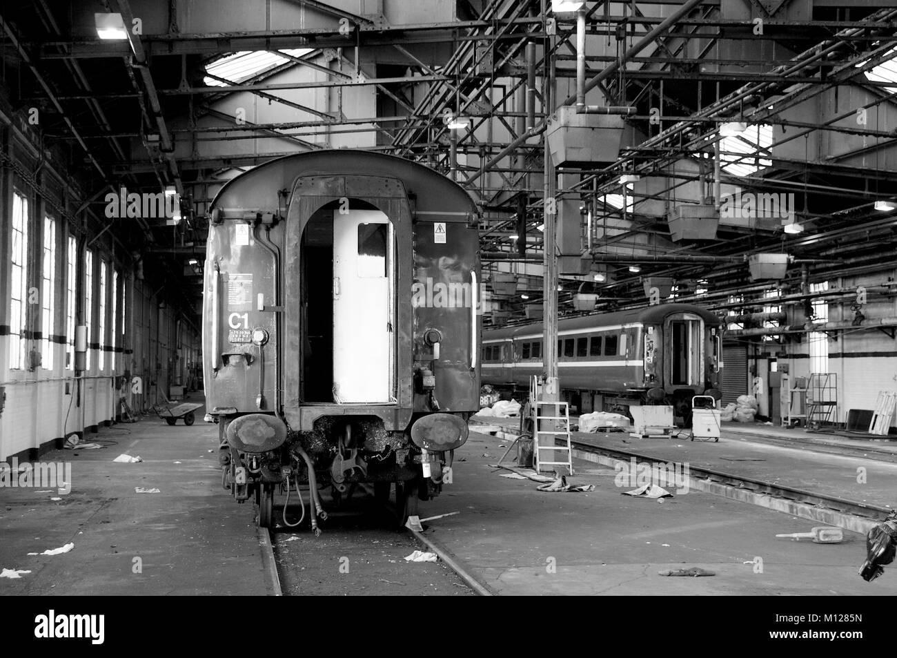 Railway carriage under repairs and maintenance inside Old Oak Common ...