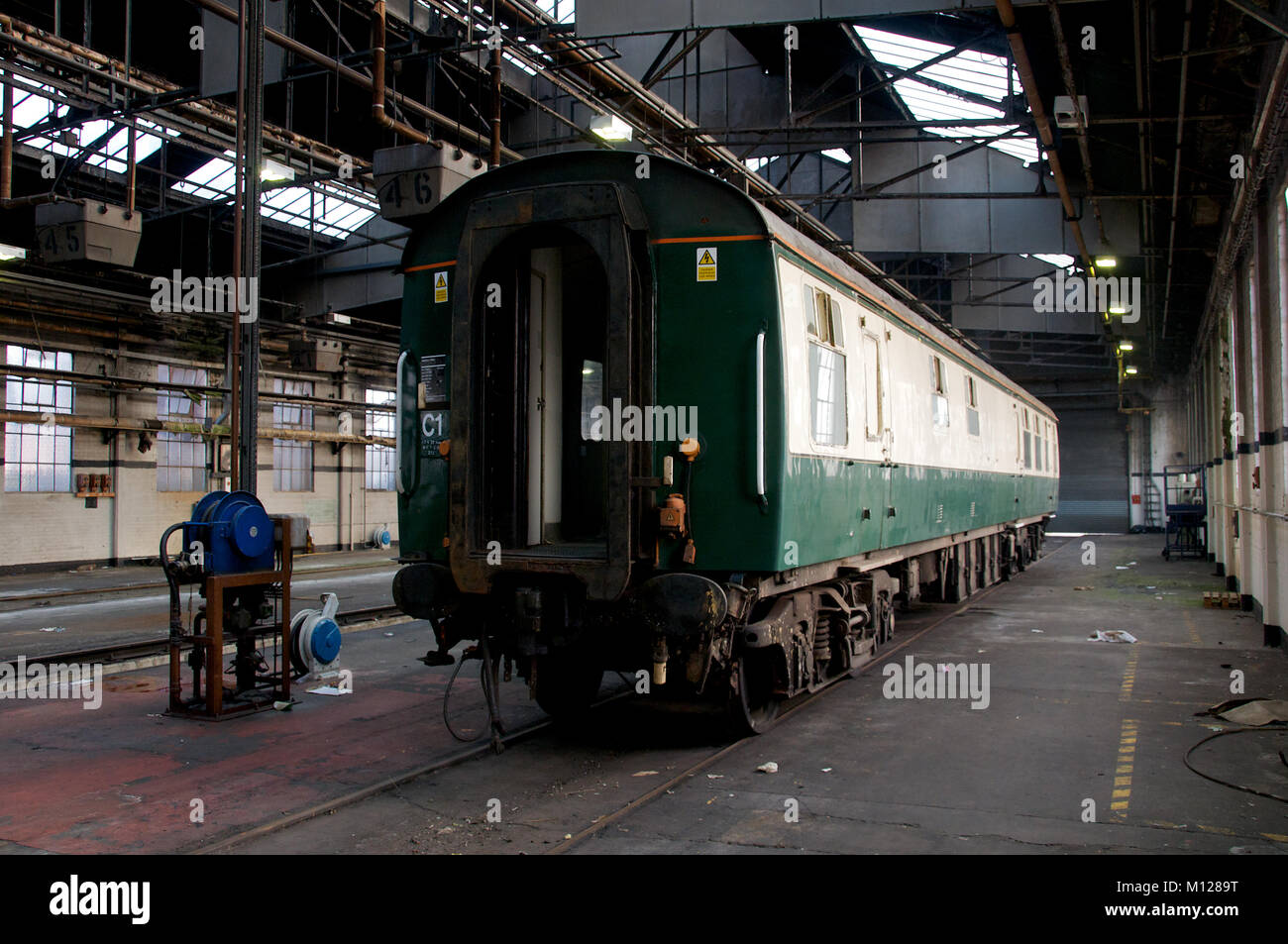 Railway carriage under repairs and maintenance inside Old Oak Common ...