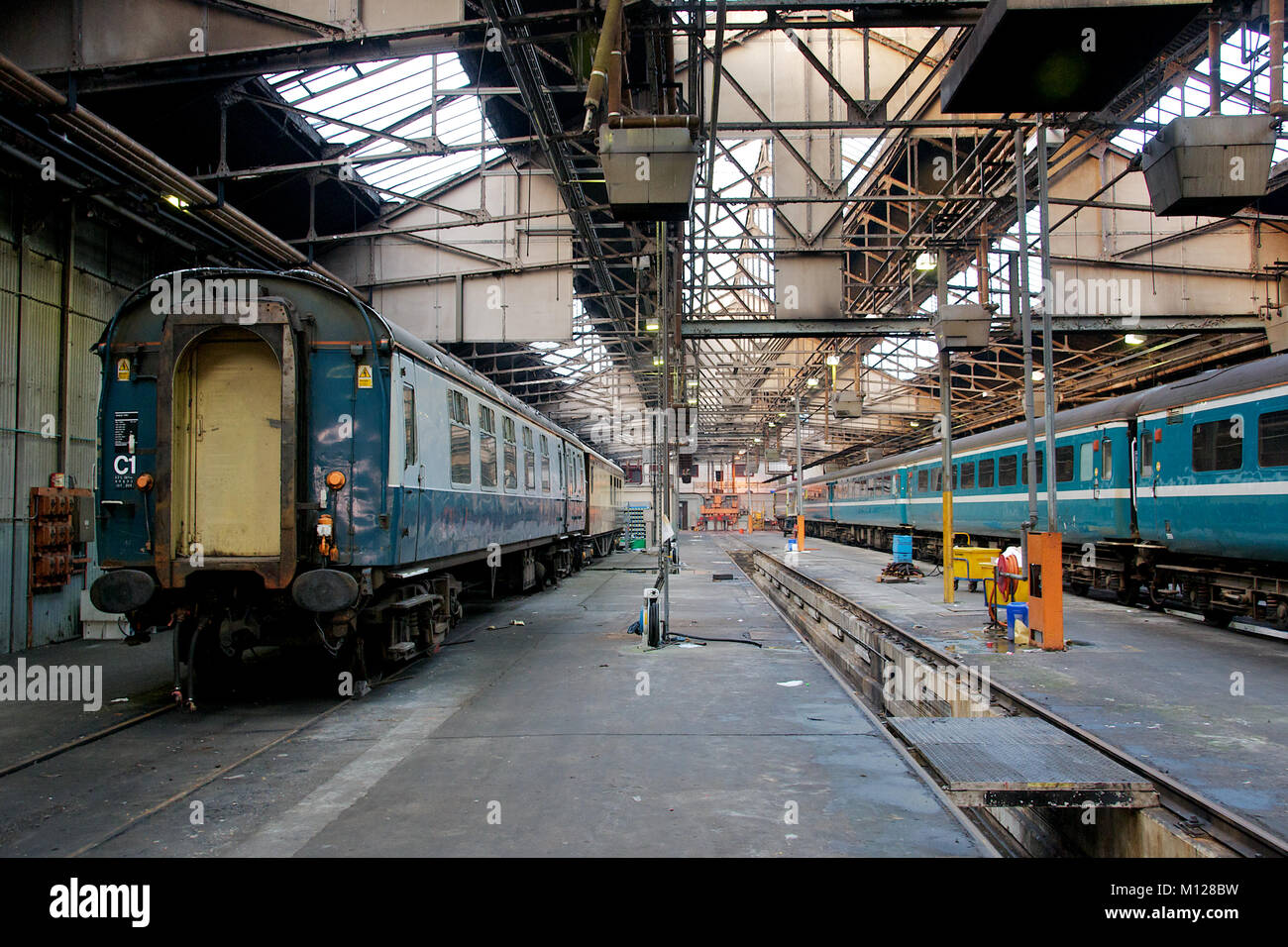 Railway carriage under repairs and maintenance inside Old Oak Common ...